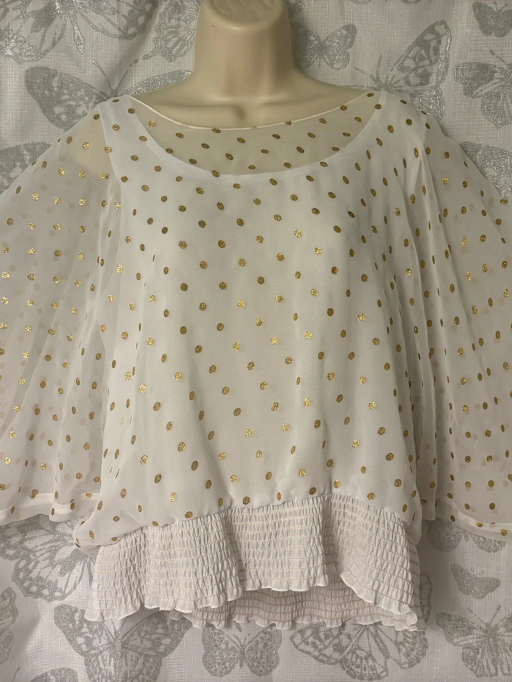 Tops | White Sheer Puff Sleeve Top With Gold Polka Dots | Poshmark